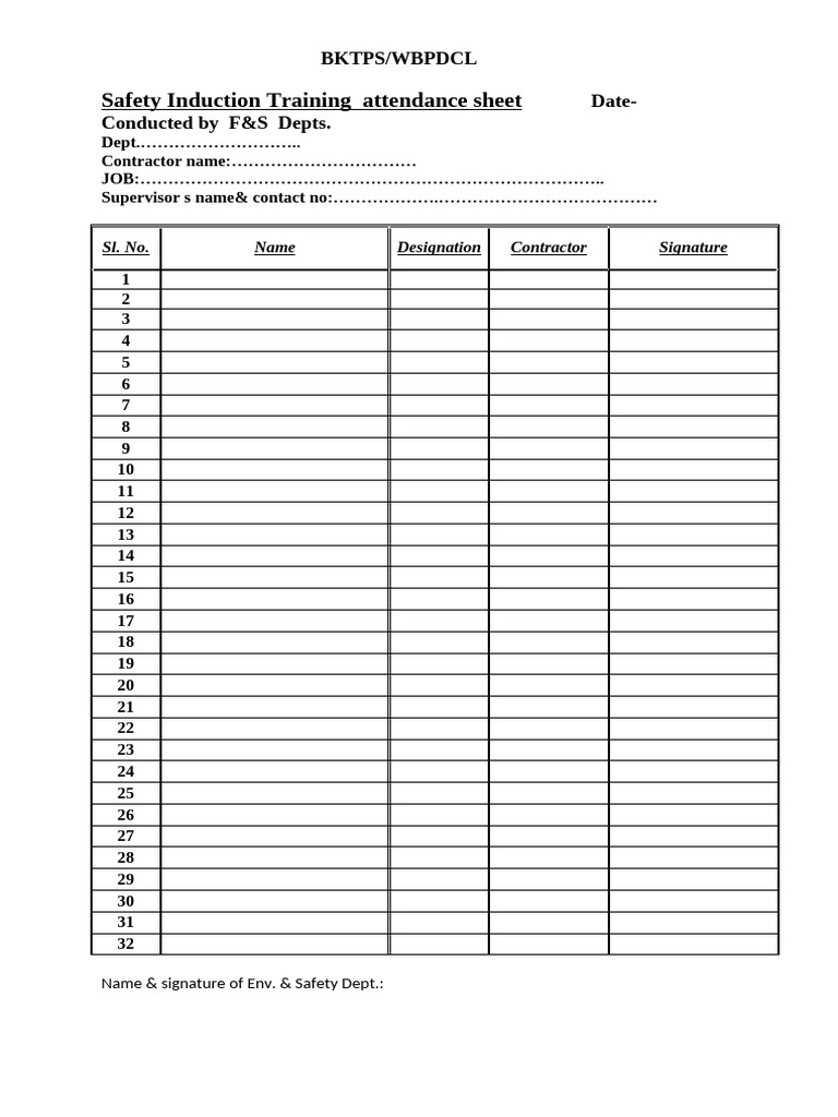 Safety Induction Training Attendance Sheet | PDF