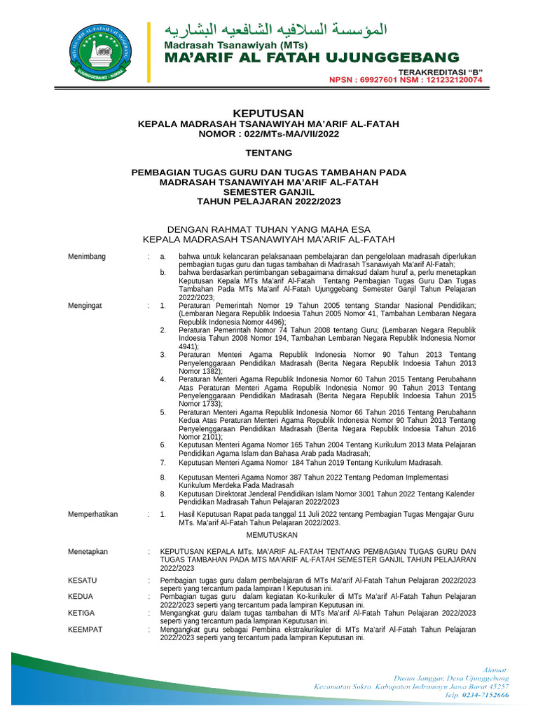 SK Pembagian Tugas Mengajar Semester Ganjil 2223 | PDF