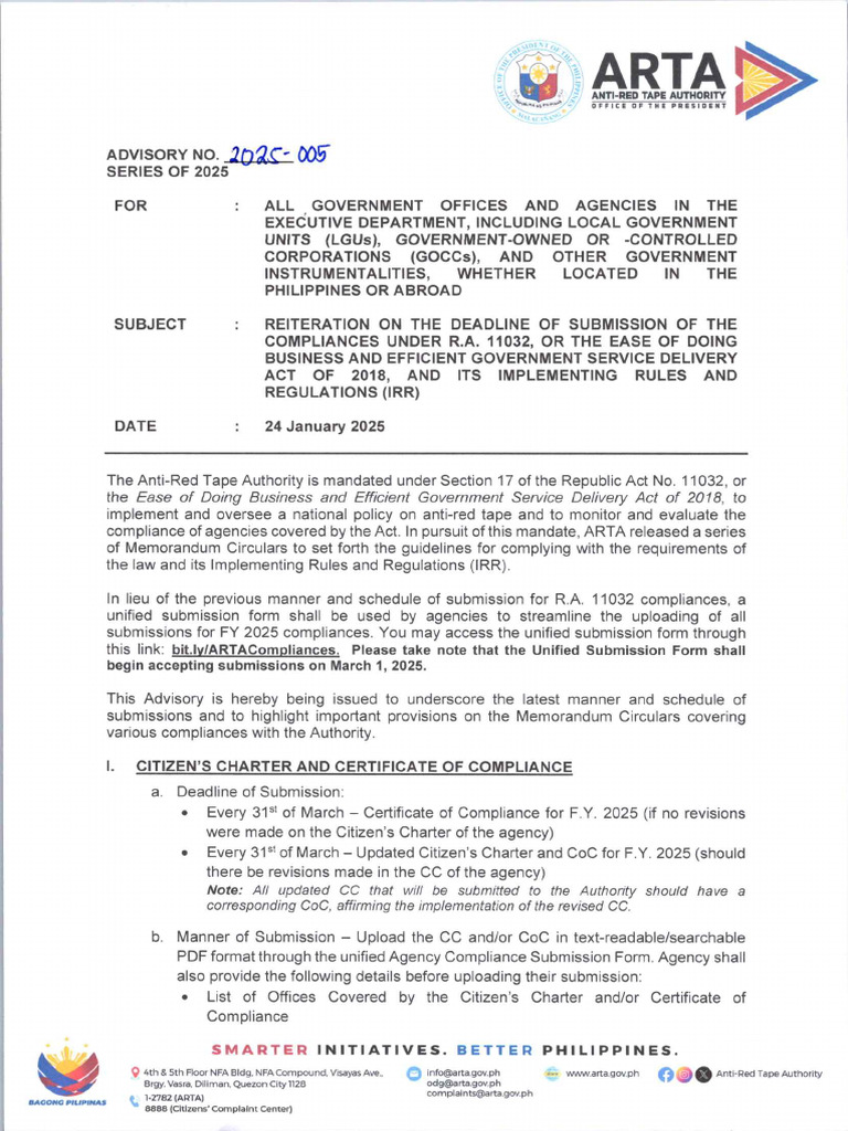 ARTA Advisory No. 2025-005 | PDF