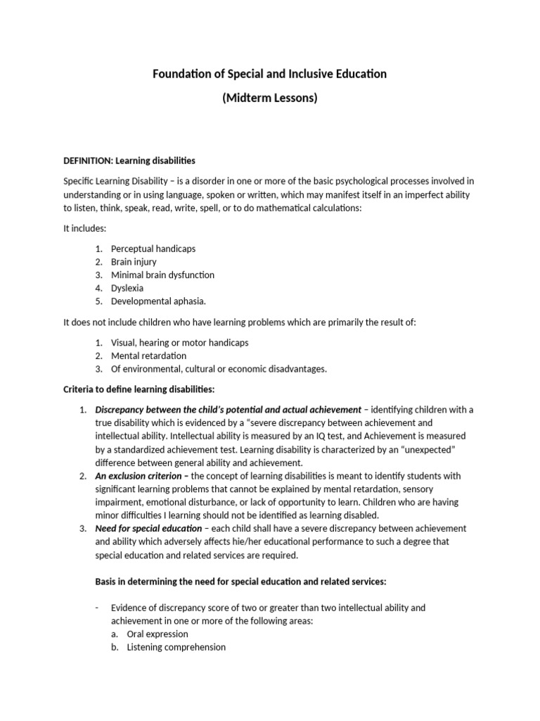 Foundation of Special and Inclusive Education Midterm Lessons 2 | PDF | Learning Disability ...