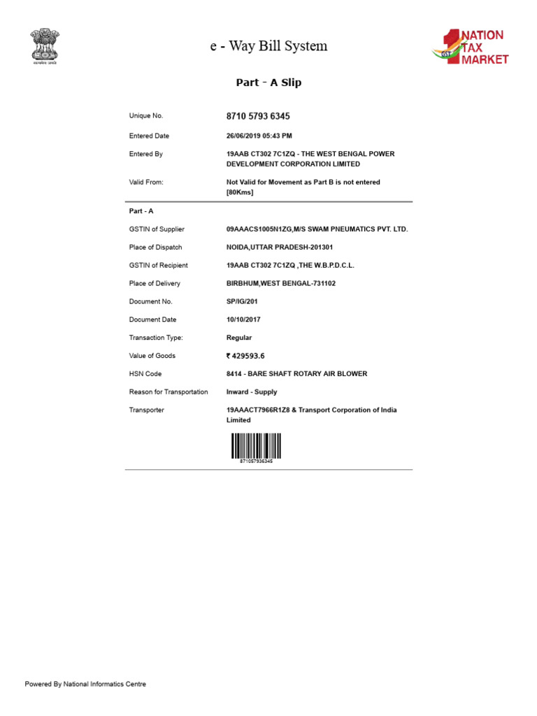 E - Way Bill System: Part - A Slip | PDF