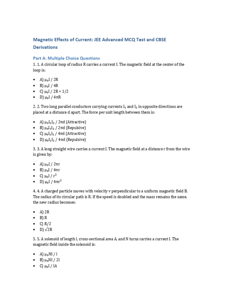 JEE Advanced MCQs on Magnetic Effects | PDF | Magnetic Field | Quantity