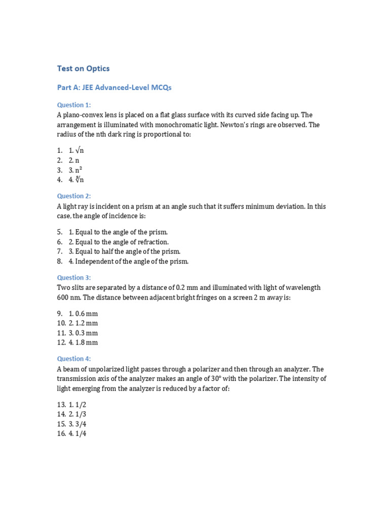 Optics Test | PDF | Refractive Index | Optics
