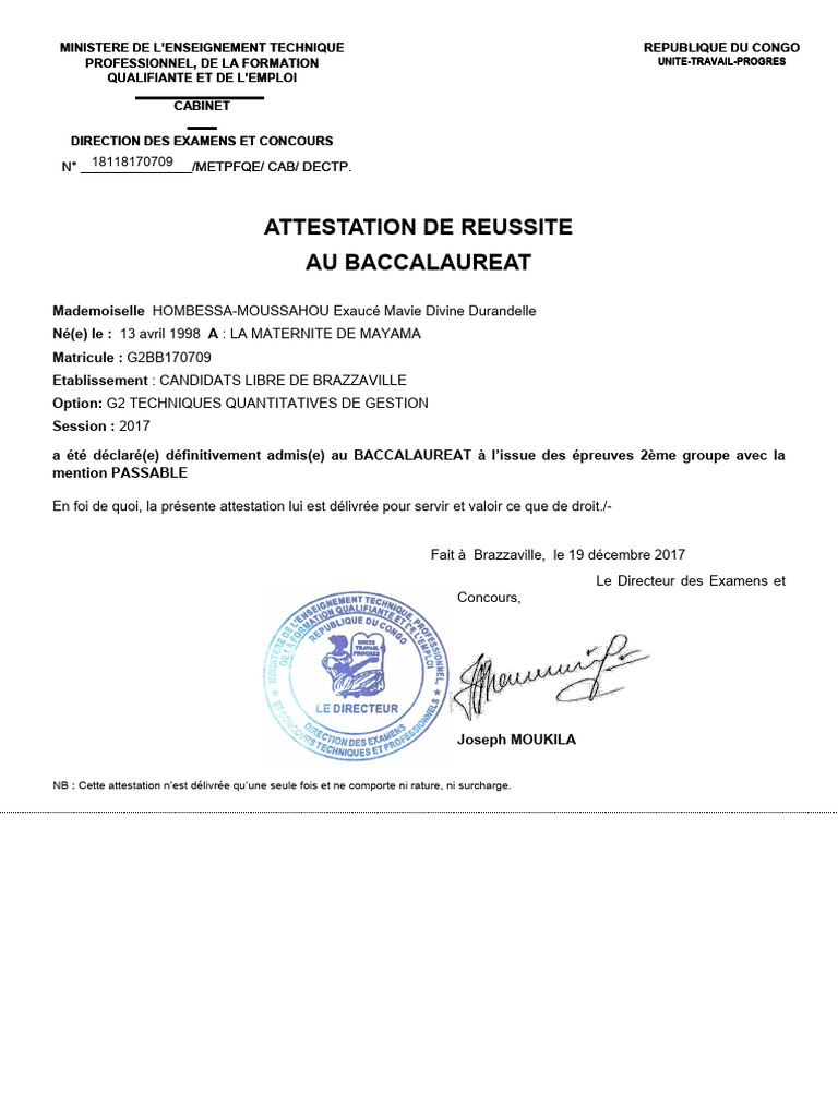 Attestation BacTech - 101854 | PDF | Évaluation | Jeunesse