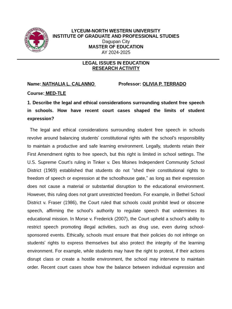 LEGAL ISSUES IN EDUCATION_NATHALIA L CALANNO_MED-TLE_110555 | PDF ...