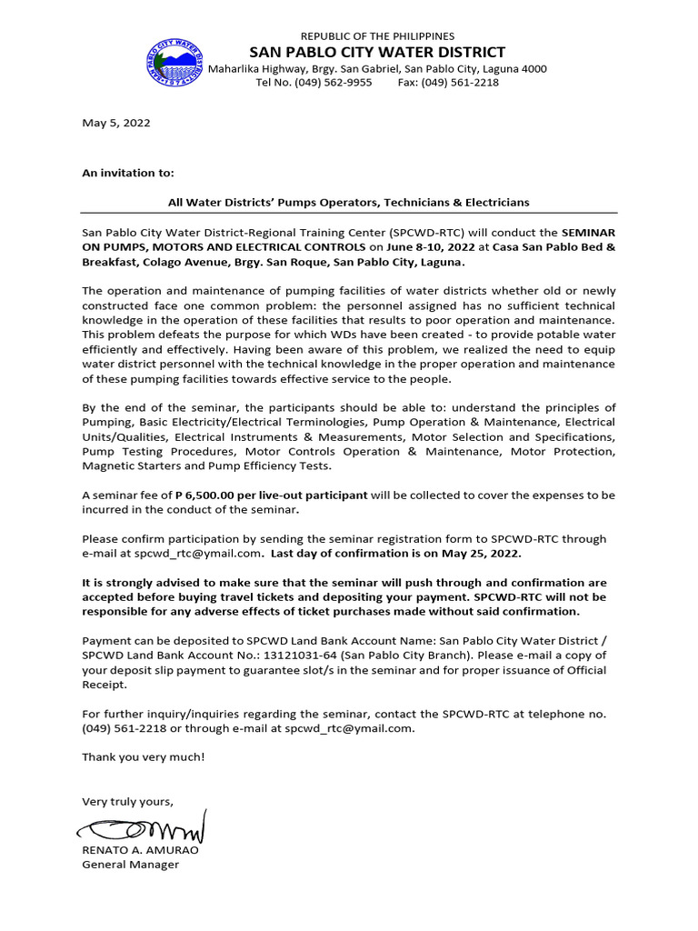 Invitation Letter for Seminar on Pumps Motors Electrical Controls | PDF