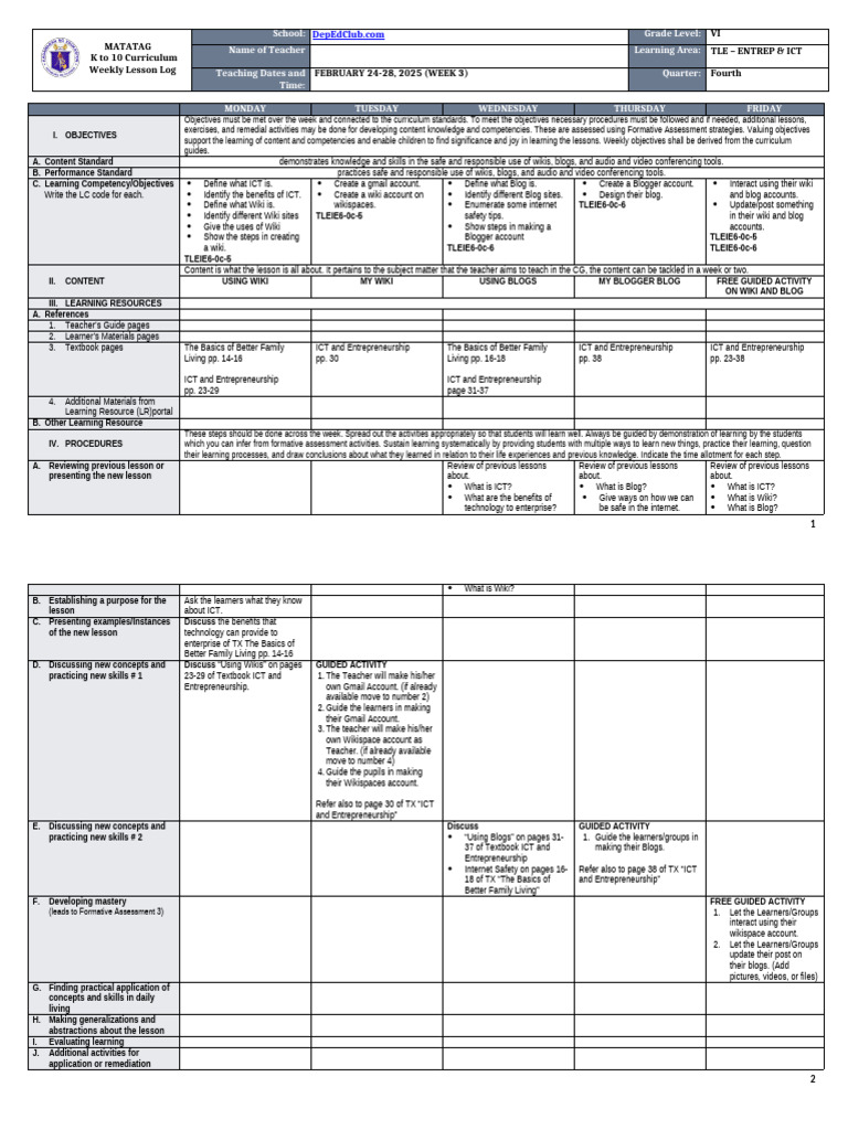 DLL Tle-Entrep and Ict 6 q4 w3 | PDF | Educational Technology | Learning