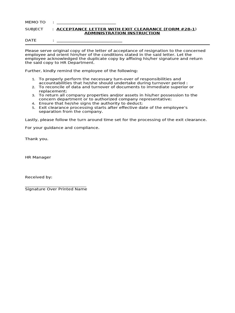 Resignation Acceptance Letter Instructions | PDF