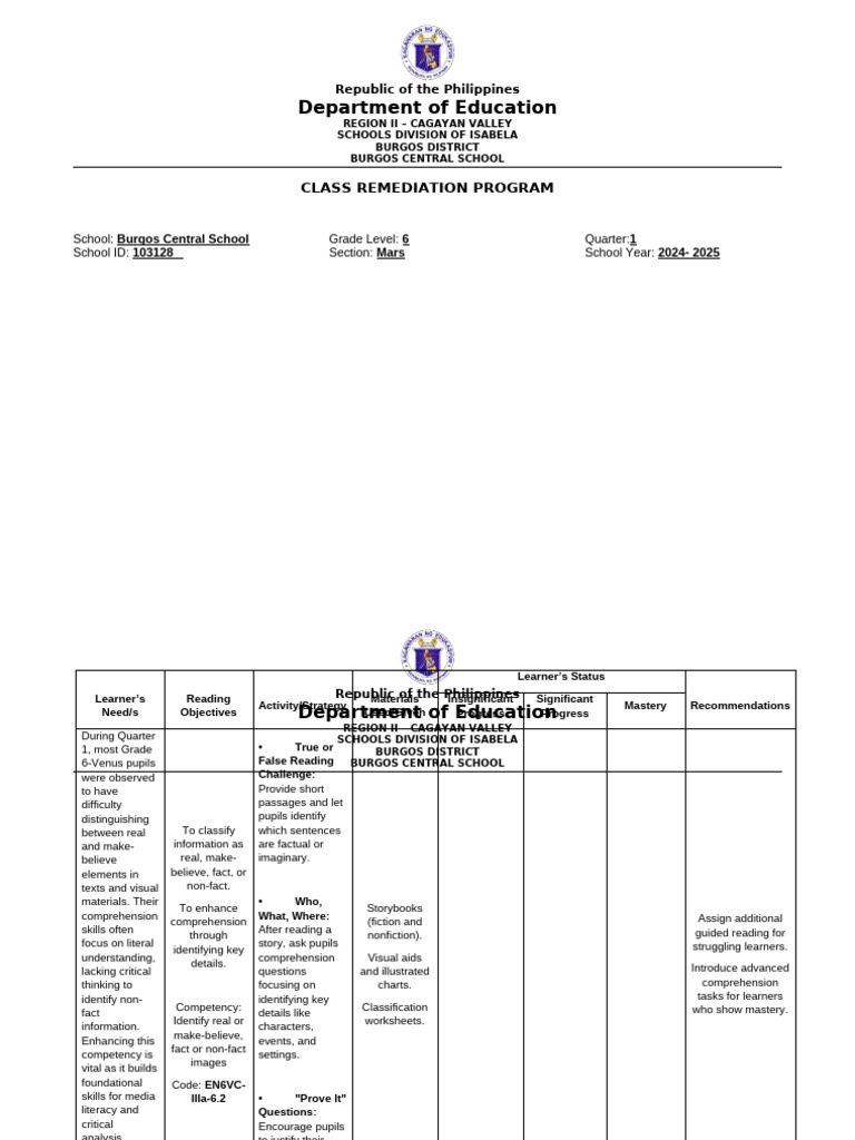 Class Remediation Program Grade 6 Venus | PDF | Reading Comprehension ...