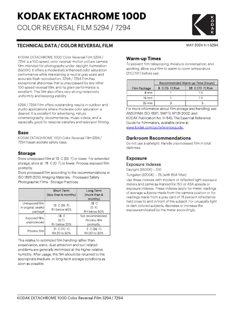 Kodak Ektachrome 100d Color Reversal Film 5294 7294 Datasheet En | PDF