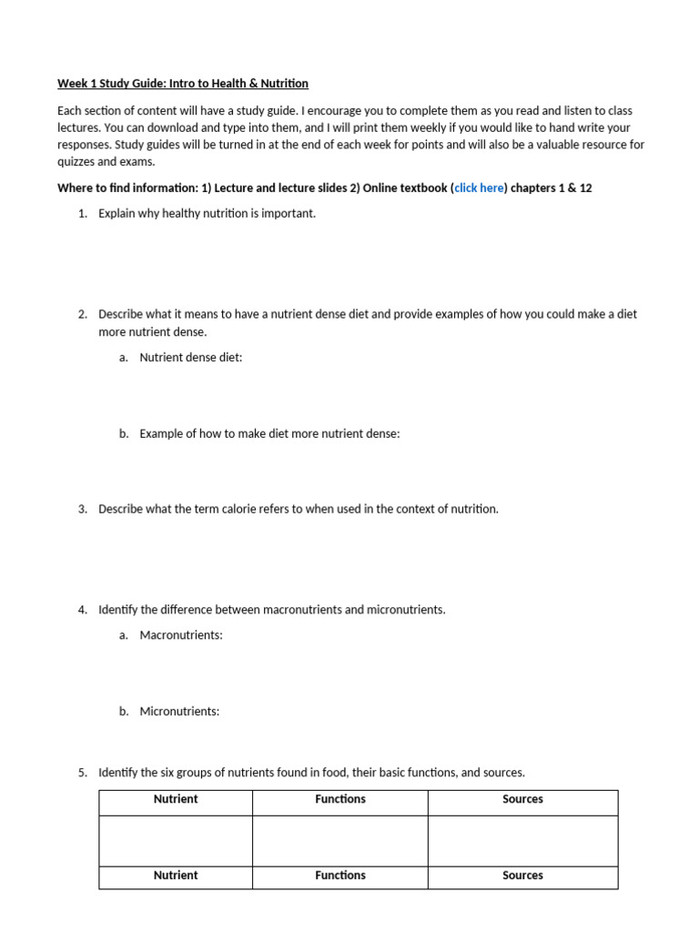 Week 1 Study Guide Intro To Health & Nutrition | PDF | Nutrients | Calorie