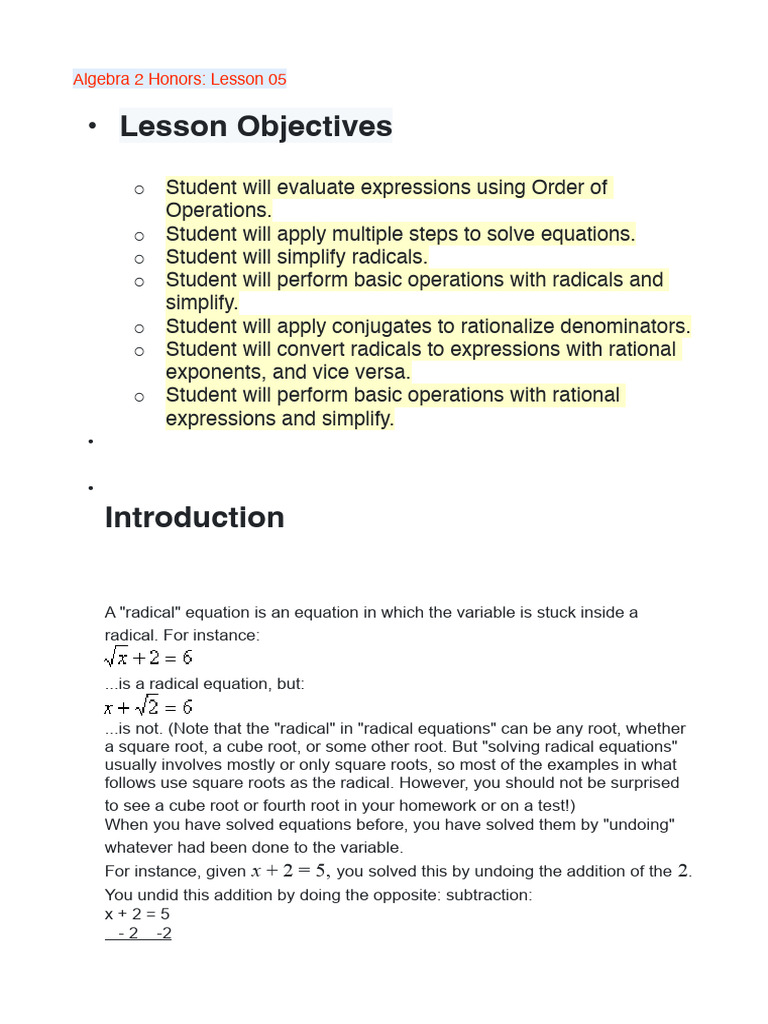 Algebra 2 Honors Lesson 5 | PDF | Equations | Algebra