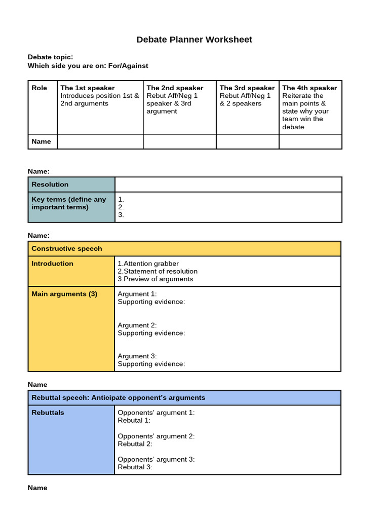 Debate Planner Worksheet | PDF
