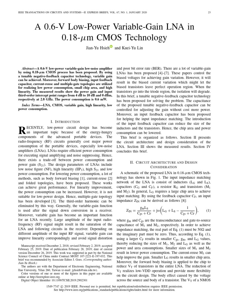 A 0.6-V Low-Power Variable-Gain LNA in 0.18 - Mu M CMOS Technology | PDF | Amplifier | Mosfet