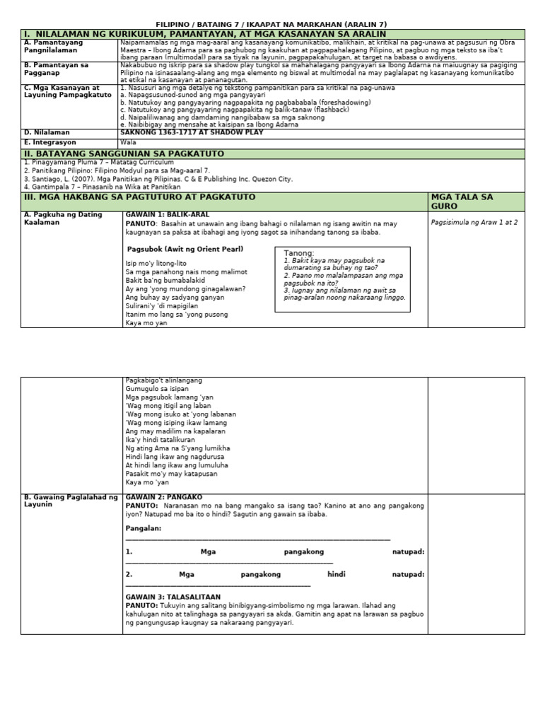 LE-FILIPINO-7 - Q4 - Aralin7 - Saknong 1363-1717 AT SHADOW PLAY | PDF