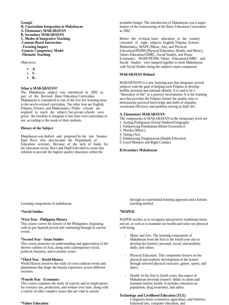II - CURRICULUM INTERGRATION IN MAKABAYAN Handout | PDF | Curriculum ...