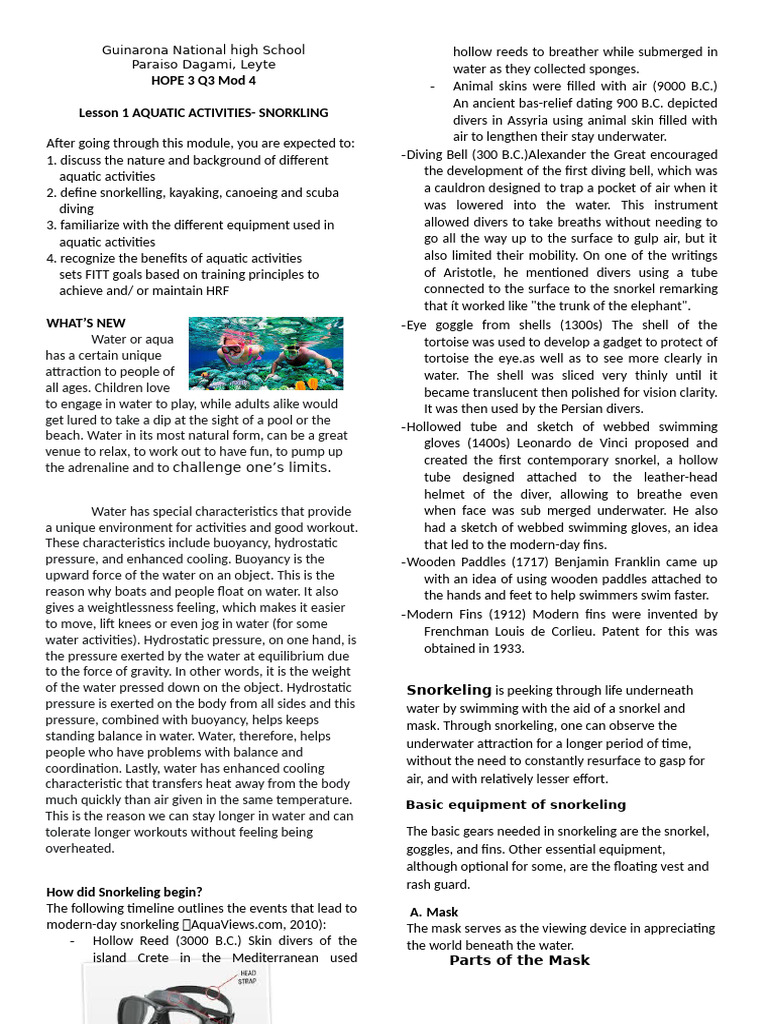 Grade 12 - aquatics activity sheet | PDF | Snorkeling | Scuba Diving