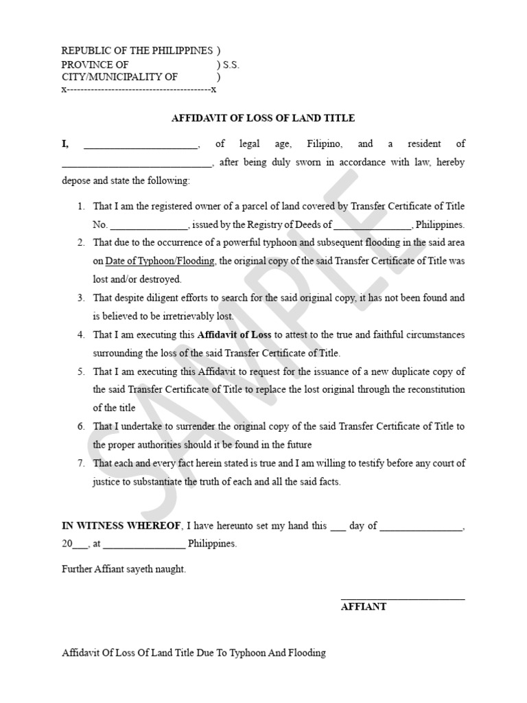 Affidavit of Loss of Land Title Due To Typhoon and Flooding | PDF ...