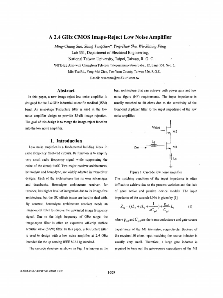 2.4 GHz Image-Reject Low Noise Amplifier | PDF | Electronic Filter ...