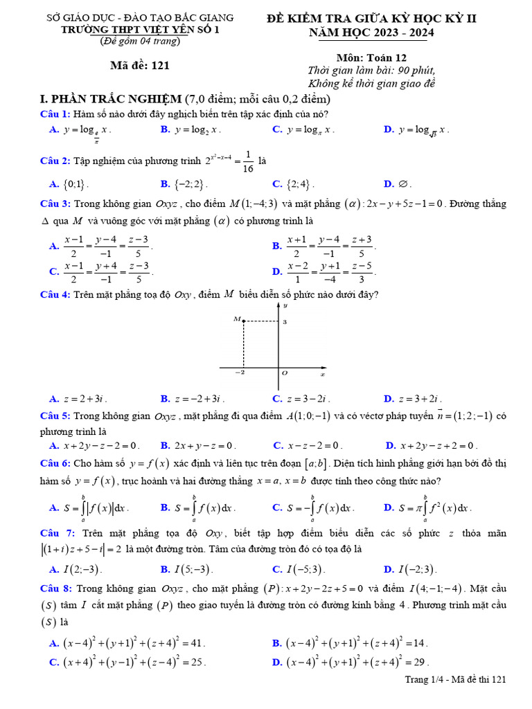 De Giua Hoc Ky 2 Toan 12 Nam 2023 2024 Truong THPT Viet Yen 1 Bac Giang | PDF