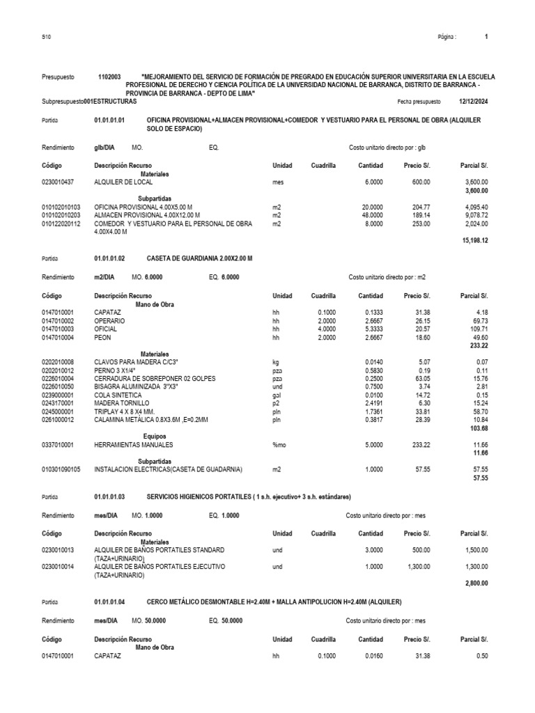 Acu Estructuras | PDF | Presupuesto