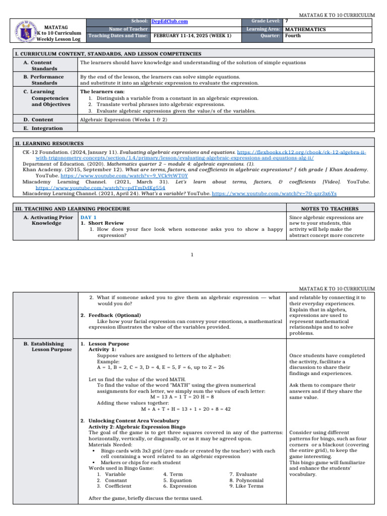 Grade 7 Algebra Lesson Plan | PDF | Polynomial | Variable (Mathematics)