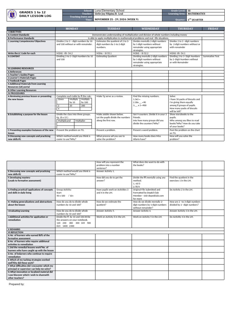 Grade 3 Math Lesson Plan: Division | PDF | Learning | Behavior Modification