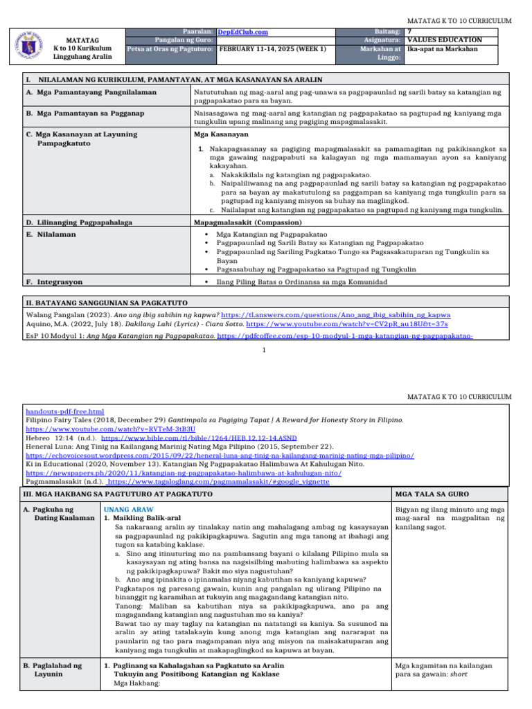 DLL Matatag - Values Education 7 Q4 W1 | PDF
