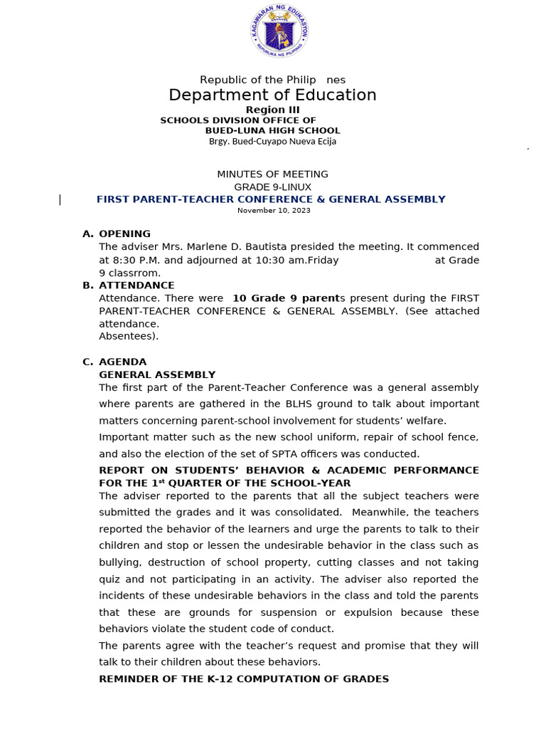 Grade 9 Parent-Teacher Conference Minutes | PDF | Teachers