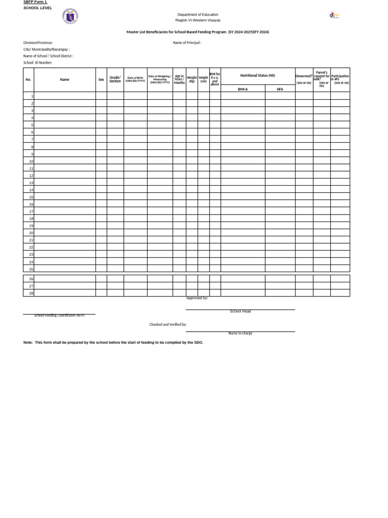 SBFP Form 1 8 Sy 2024 2025 Template | PDF | Health Promotion ...