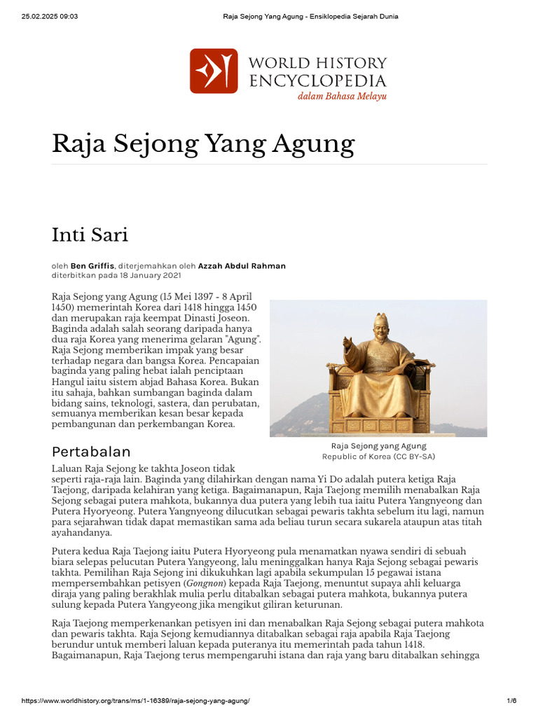 Raja Sejong Yang Agung - Ensiklopedia Sejarah Dunia | PDF