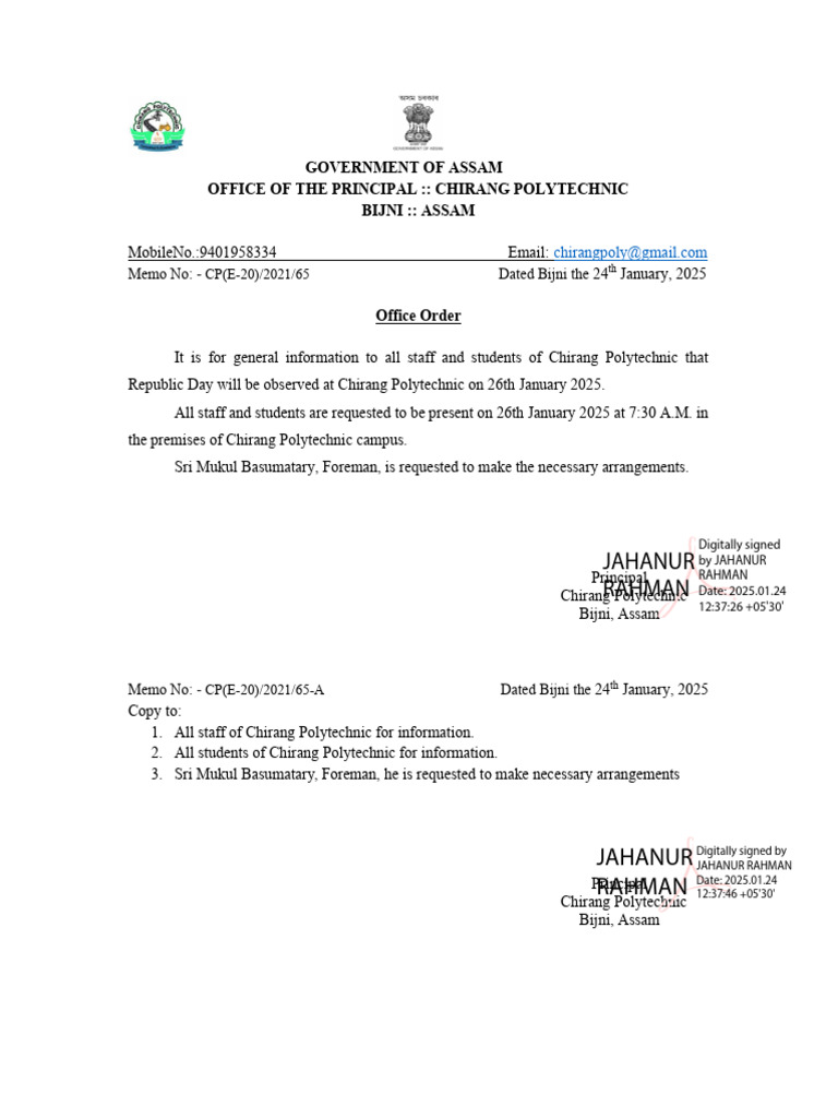 Chirang Polytechnic Republic Day Notice | PDF