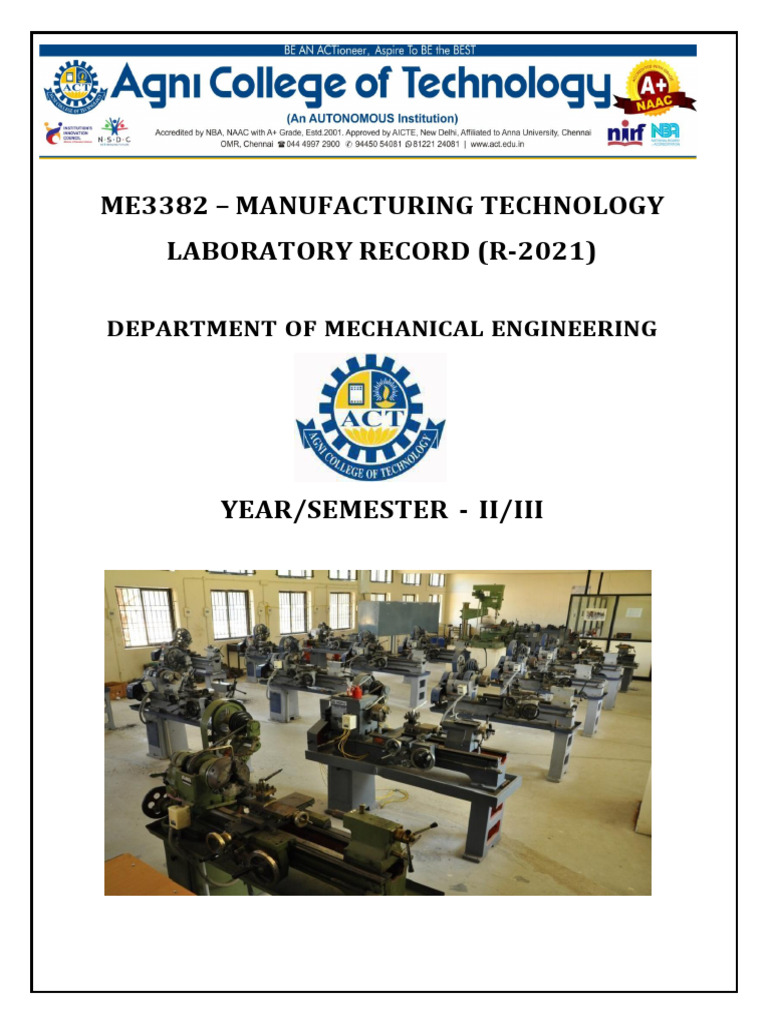Manufacturing Technology Lab Record | PDF | Grinding (Abrasive Cutting ...