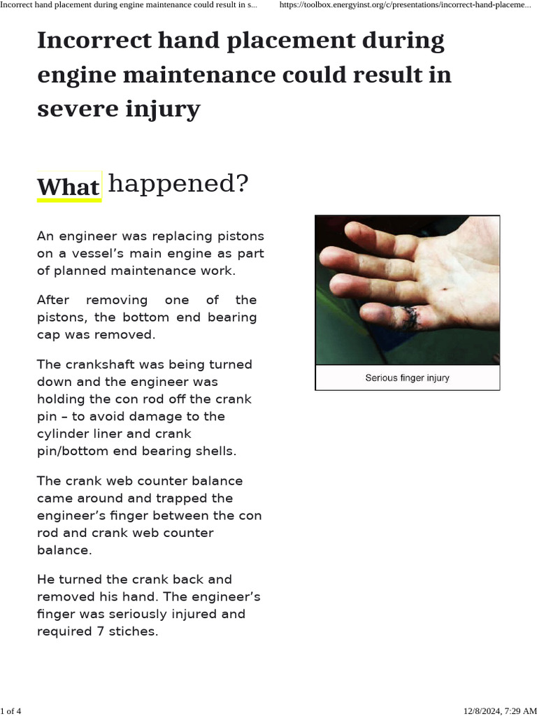 Incorrect Hand Placement During Engine Maintenance Could Result in ...