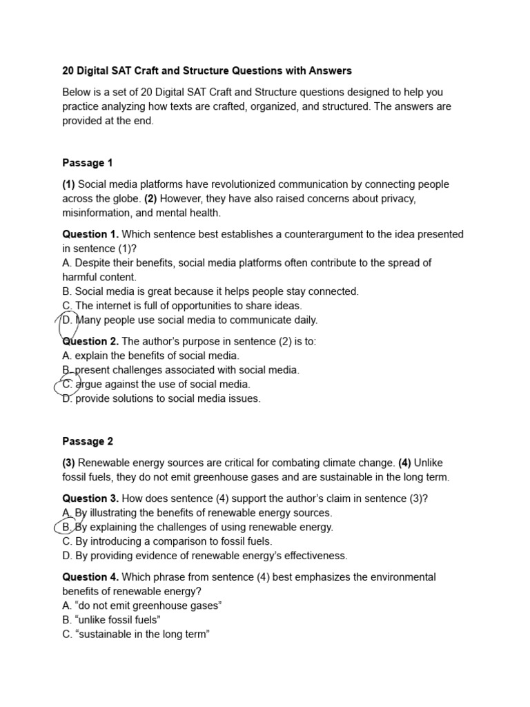 20 Digital SAT Craft and Structure Questions With Answers | PDF ...