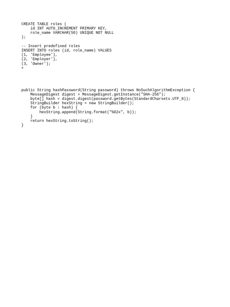SQL Roles Table and Password Hashing | PDF