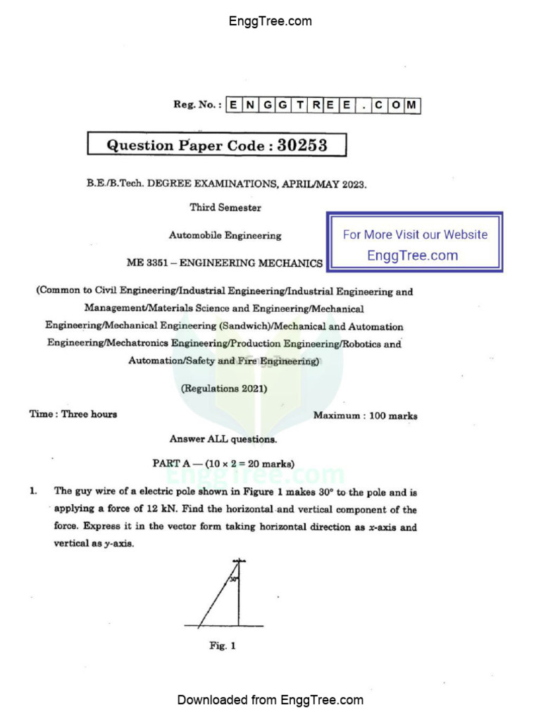 ME3351 Engineering Mechanics Apr May 2023 Question Paper Download | PDF