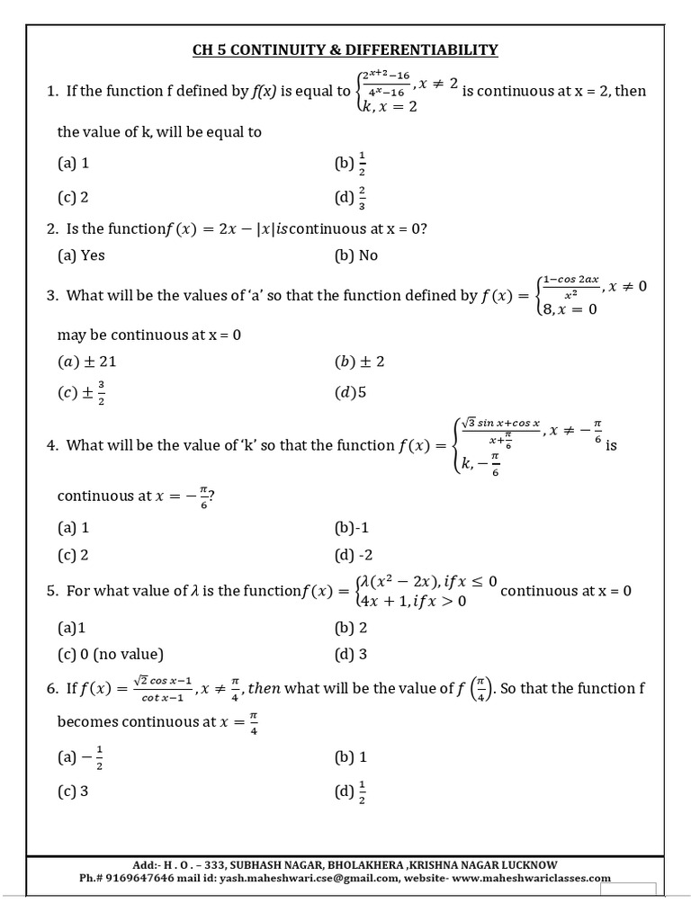 Continuity and Differentiability Problems | PDF | Function (Mathematics) | Mathematical Analysis