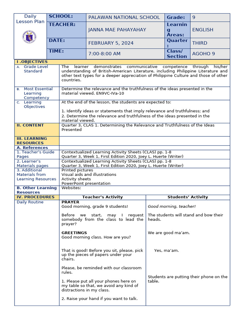 English Grade 9 Daily Lesson Plan | PDF | Tropical Cyclones