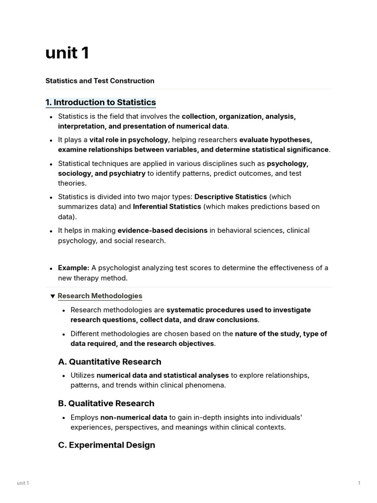 Unit - 1 Notes Somatic Disorder | PDF | Statistics | Methodology