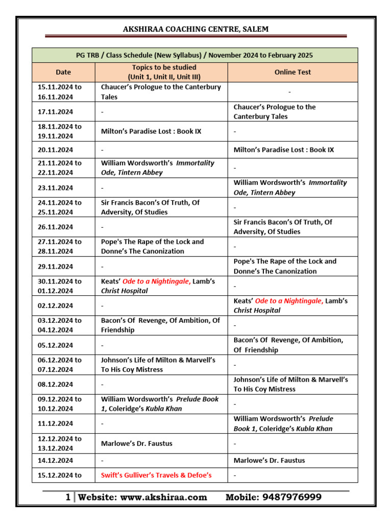 PG TRB - Class Schedule - November 2024 To February 2025-1 | PDF ...