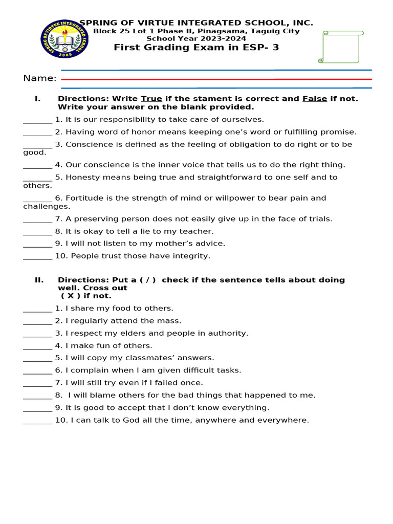 First Grading Exam in ESP-3: Name | PDF