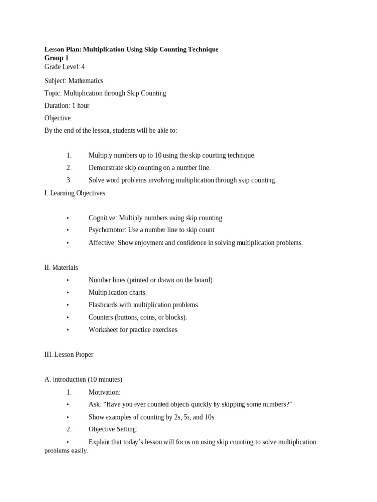Skip Counting Multiplication Lesson Plan | PDF | Multiplication ...