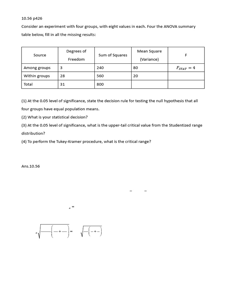 Homework 10 (Ans) Tukey-Kramer - 2024.12.19 | PDF
