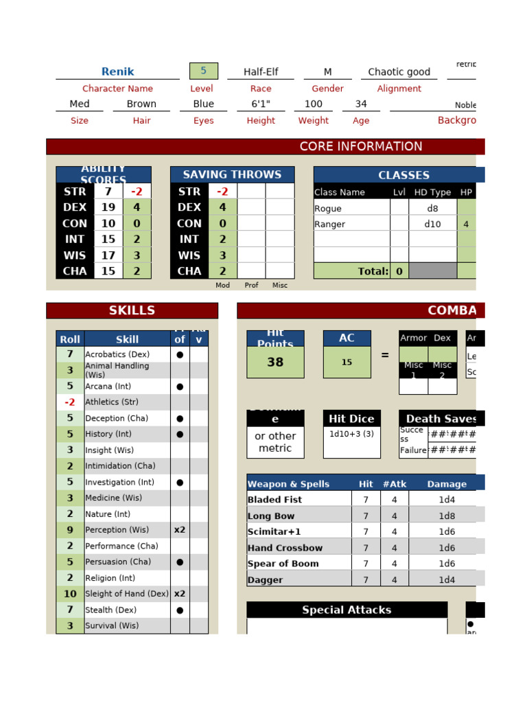 Half-Elf Rogue Character Sheet | PDF | Microsoft Excel
