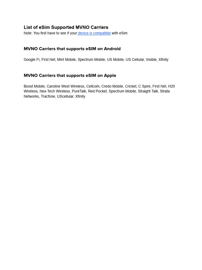 List of ESim Supported MVNO Carriers | PDF
