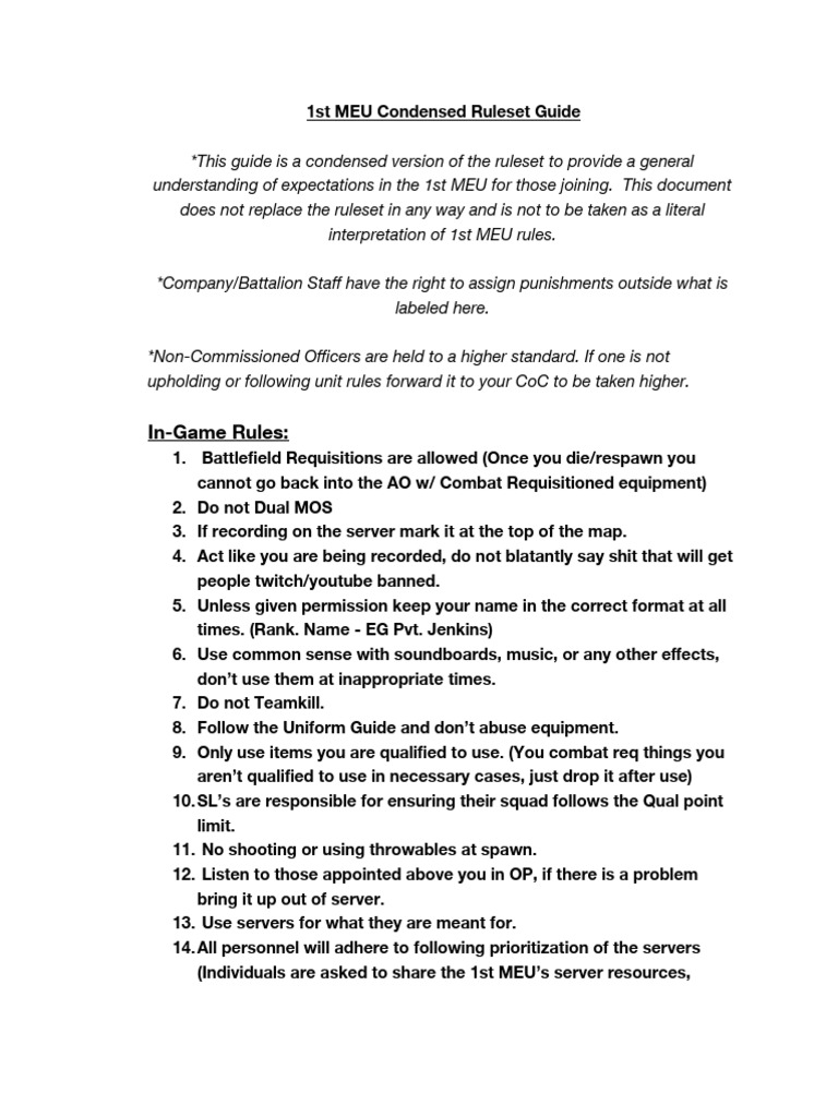 1st MEU Condensed Ruleset Guide | PDF