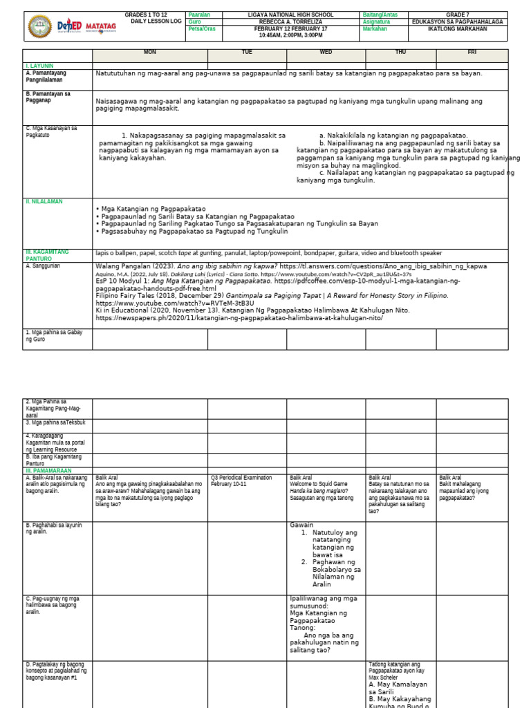 Q4 Lesson Plan Week 1 (Feb12-17) | PDF