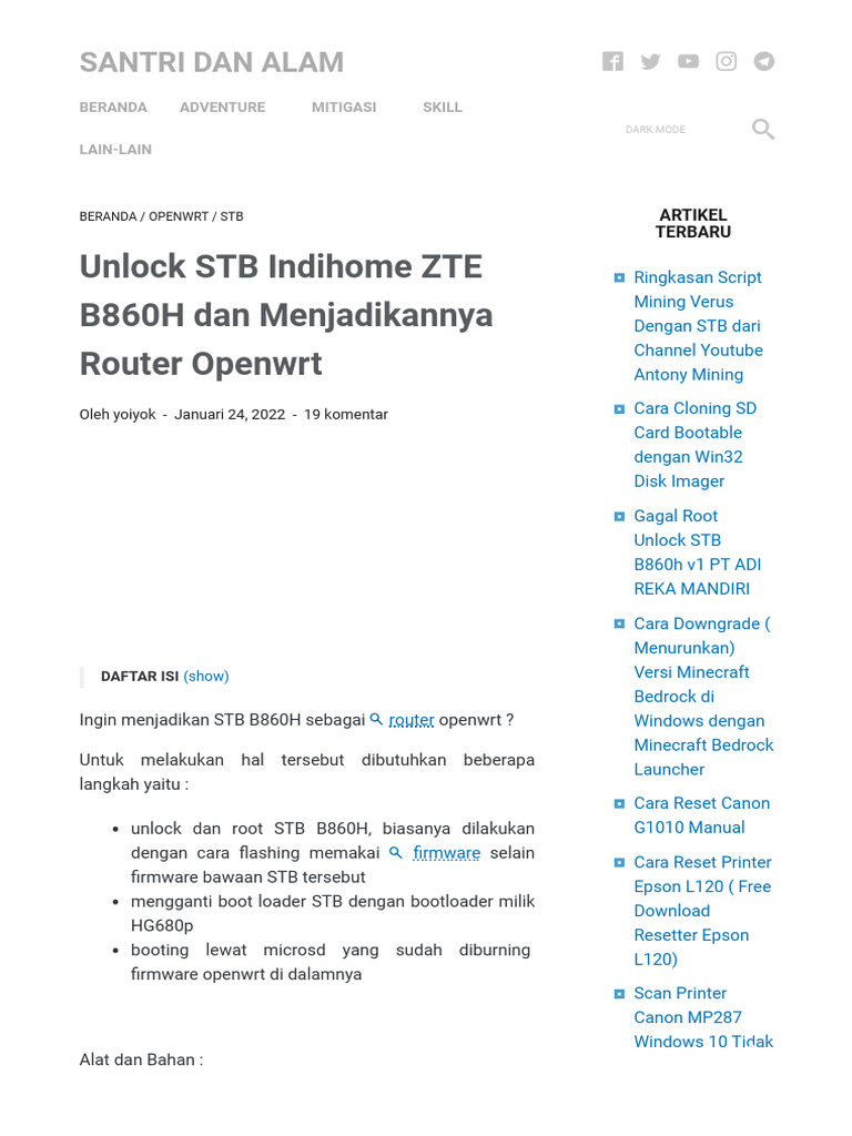 Unlock STB Indihome ZTE B860H Dan Menjadikannya Router Openwrt - Santri Dan Alam | PDF
