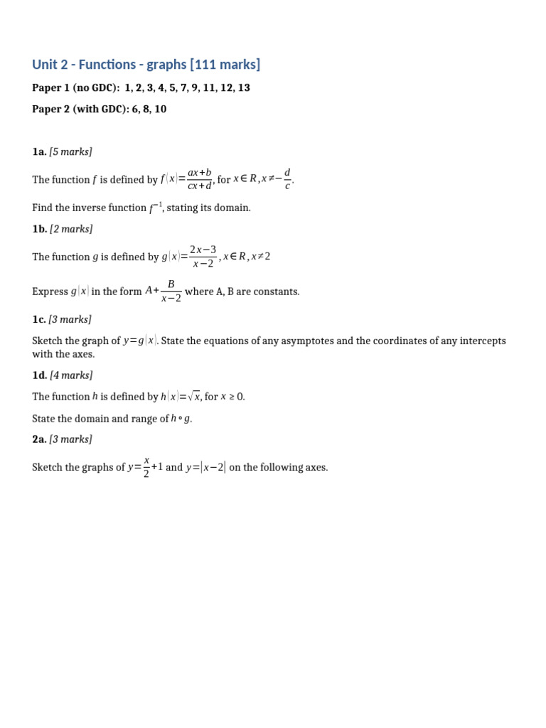 Unit 2 - IB Packet 1 - Functions - Graphs | PDF | Function (Mathematics) | Asymptote